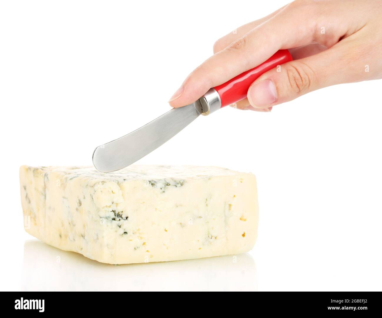 Woman's hand cut blue cheese on white background close-up Stock Photo ...