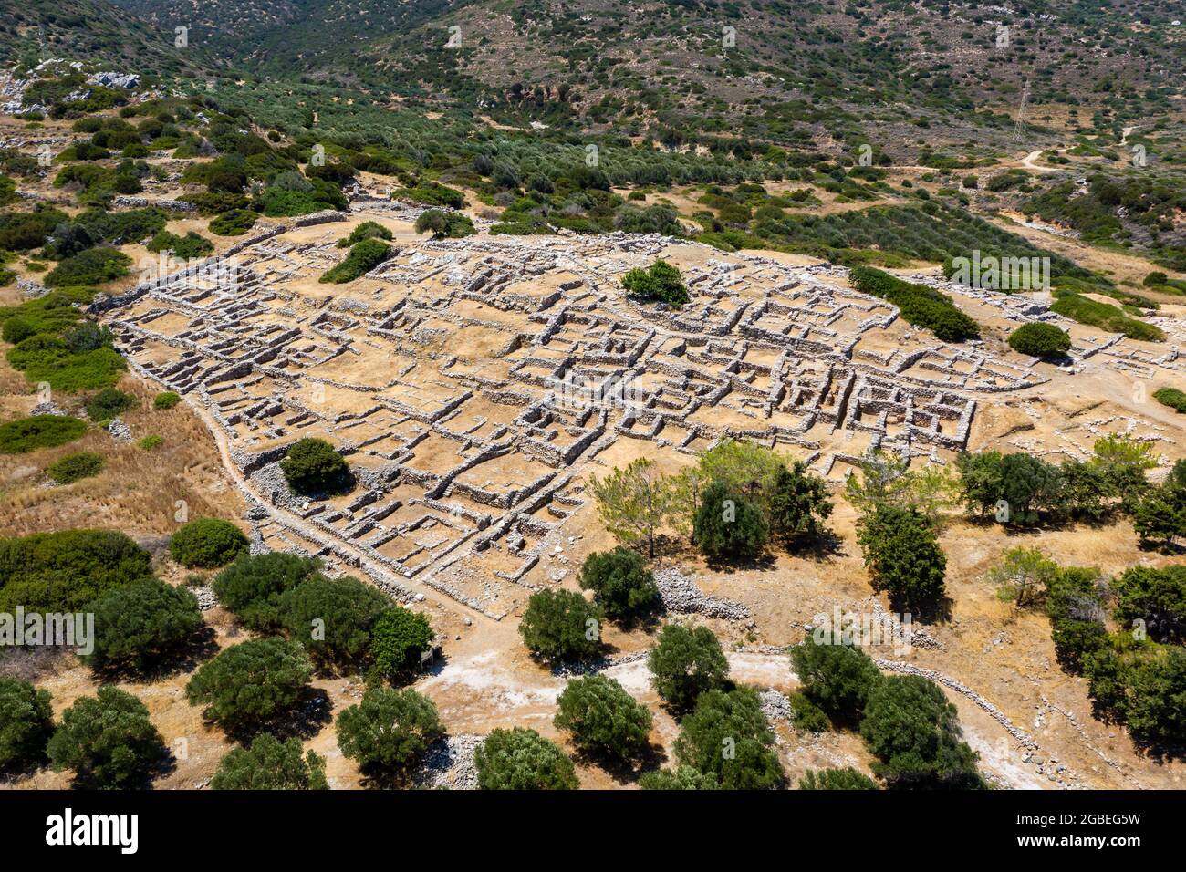 Aerial drone view of the ancient Minoan ruins at Gournia on the Greek ...
