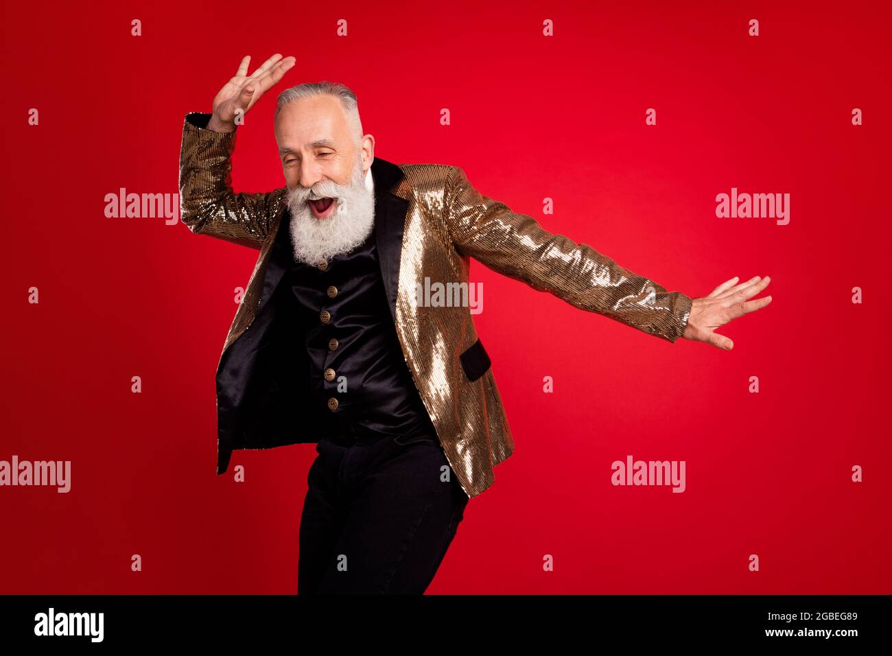 Photo of aged excited man happy positive smile have fun dance party ...