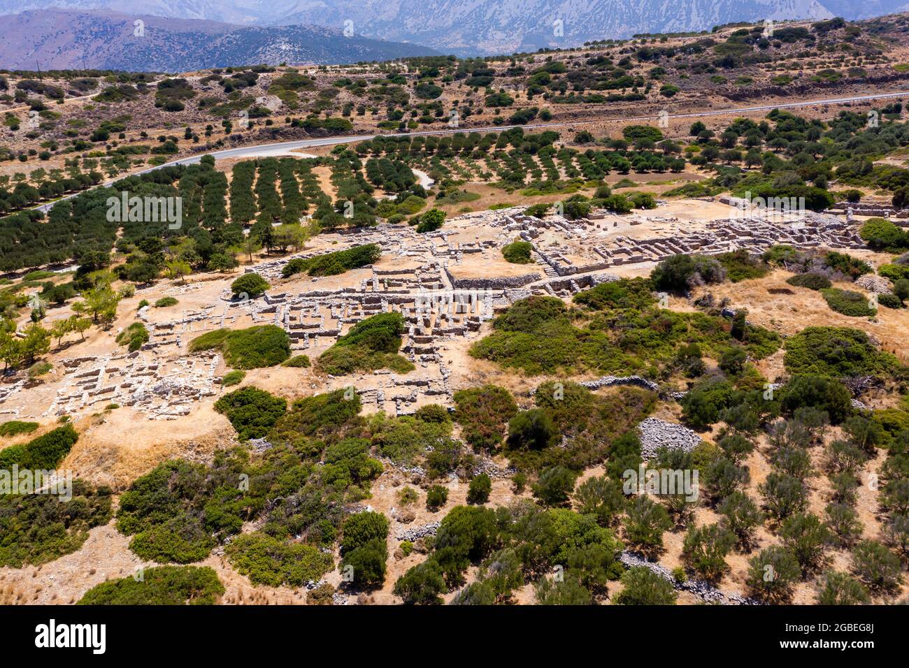 Aerial drone view of the ancient Minoan ruins at Gournia on the Greek ...