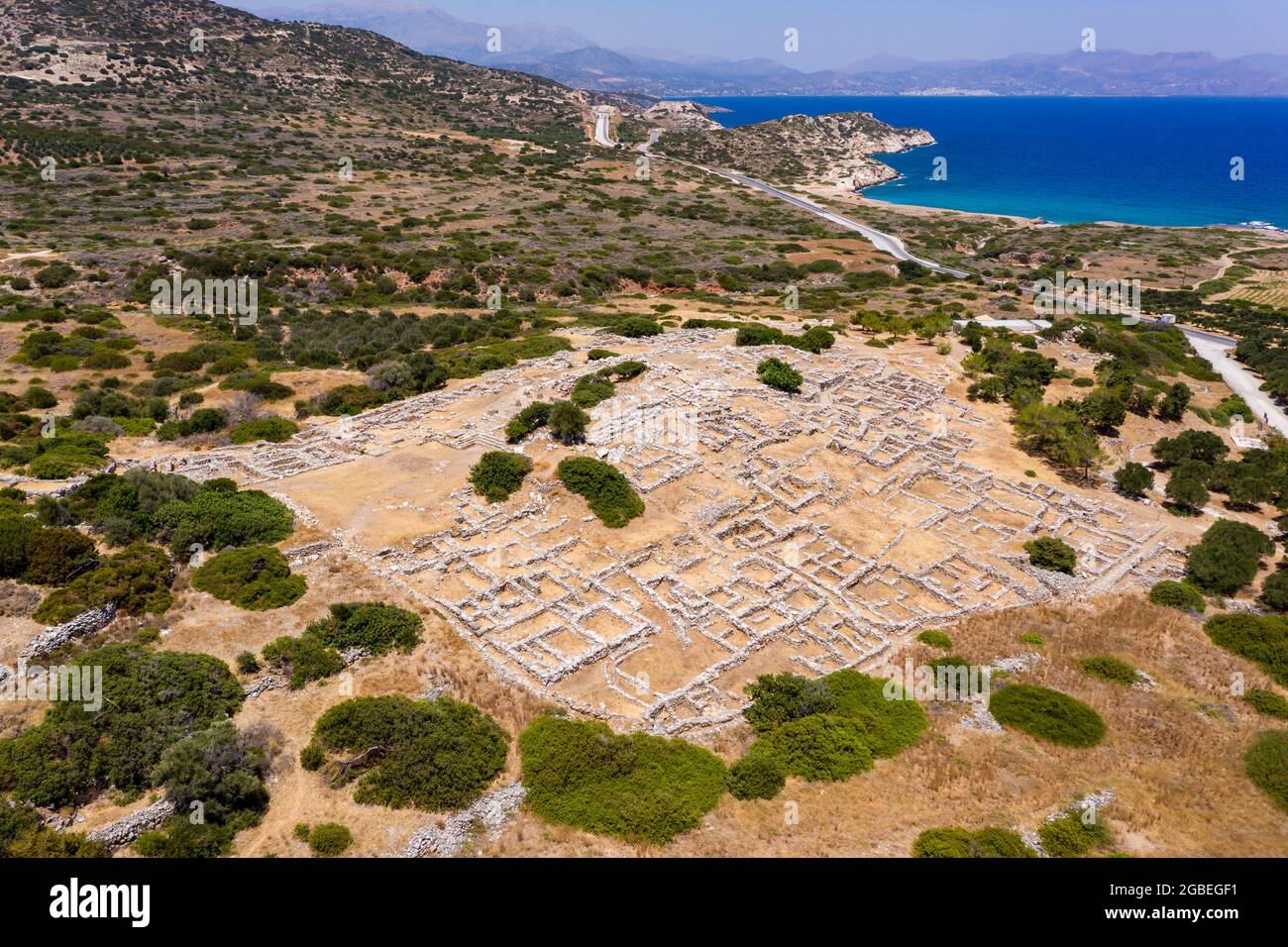 Aerial drone view of the ancient Minoan ruins at Gournia on the Greek ...