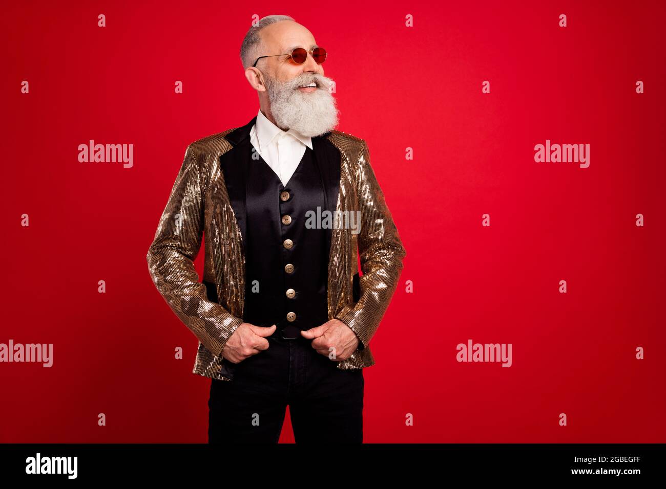 Portrait of attractive cheerful grey-haired man wearing shiny look copy ...
