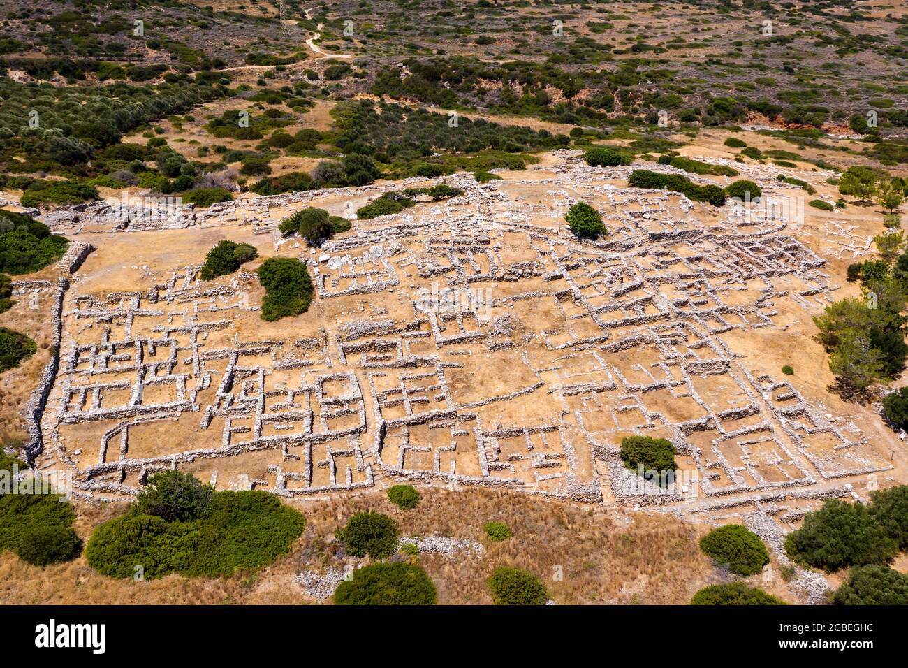 Aerial drone view of the ancient Minoan ruins at Gournia on the Greek ...