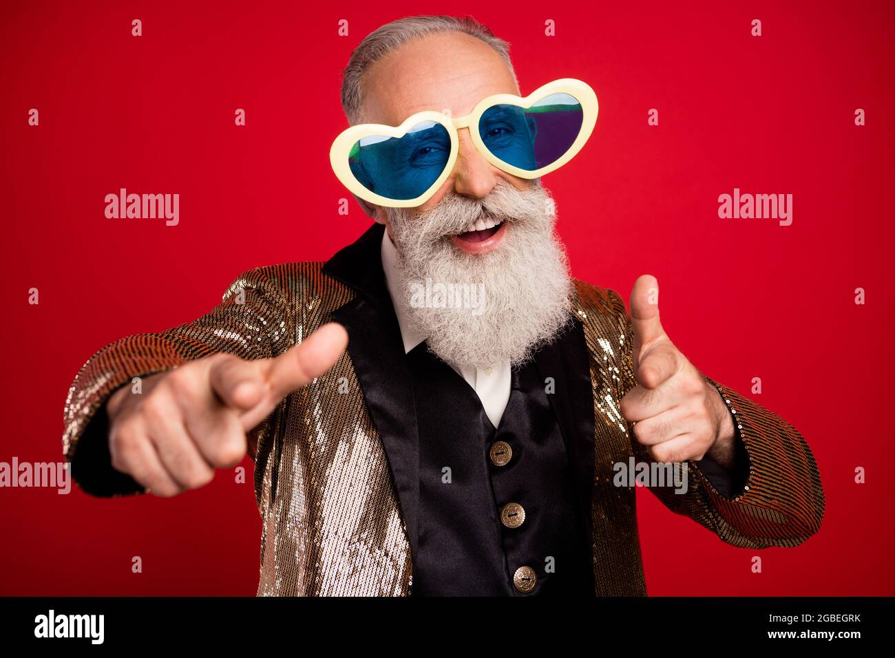 Photo of funky grey beard aged comic man point you wear eyewear gold ...