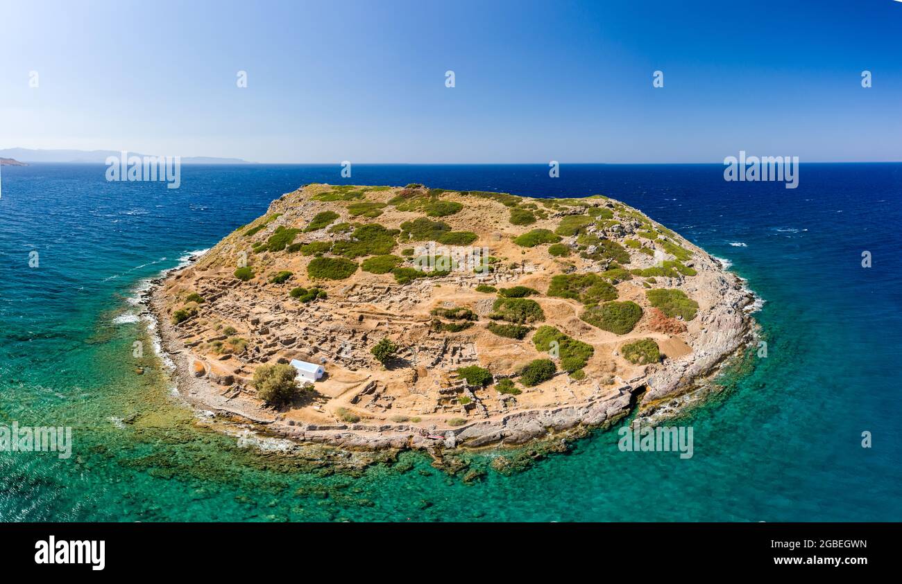 Aerial panoramic view of the Cretan town of Mochlos and ancient Minoan ...