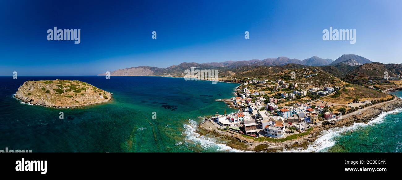 Aerial panoramic view of the Cretan town of Mochlos and ancient Minoan ...