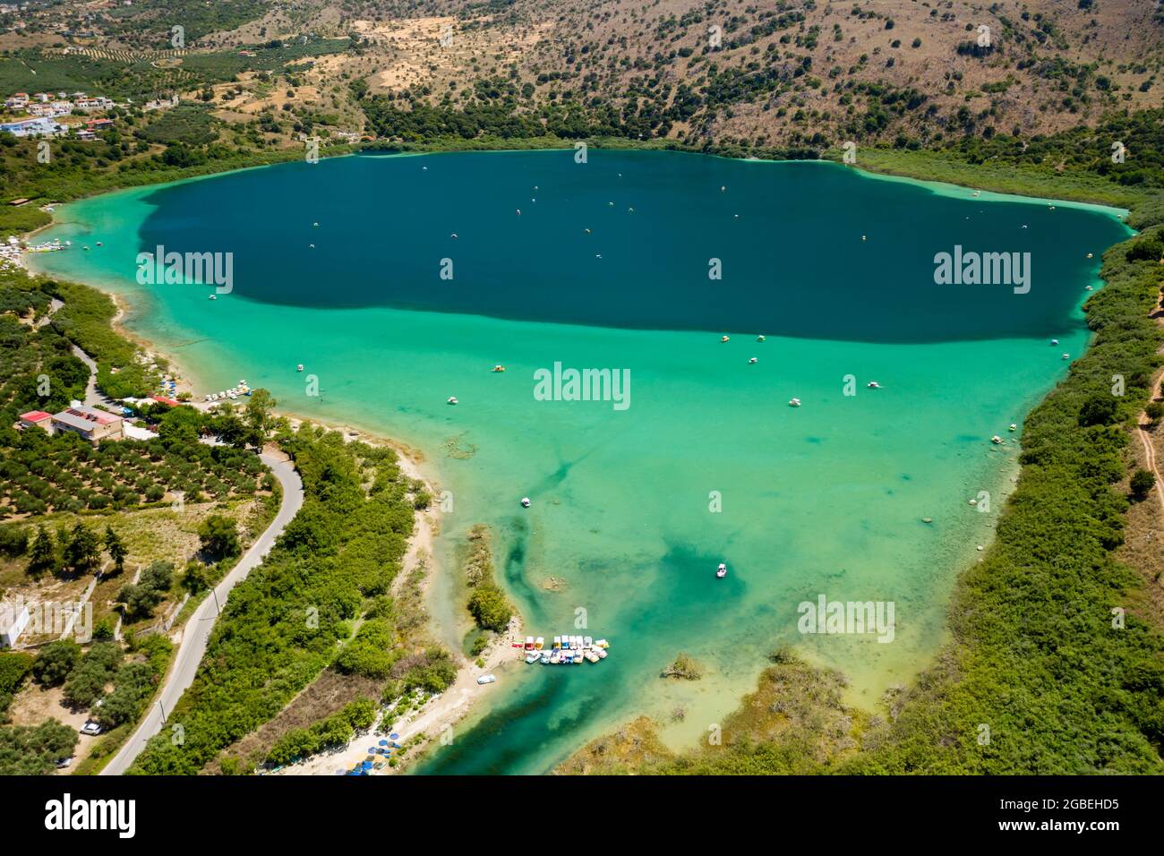 Aerial view of Lake Kournas - the biggest freshwater lake on the Greek ...