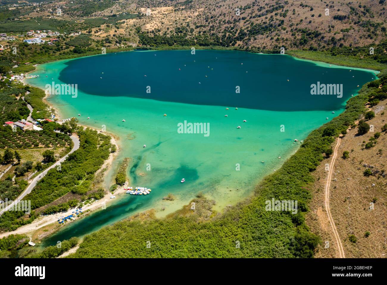 Aerial view of Lake Kournas - the biggest freshwater lake on the Greek ...