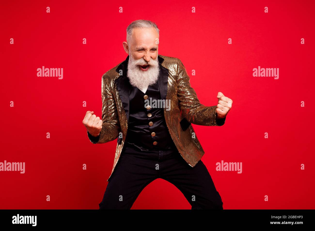 Photo of amazed happy cheerful old man winner good mood celebrate ...