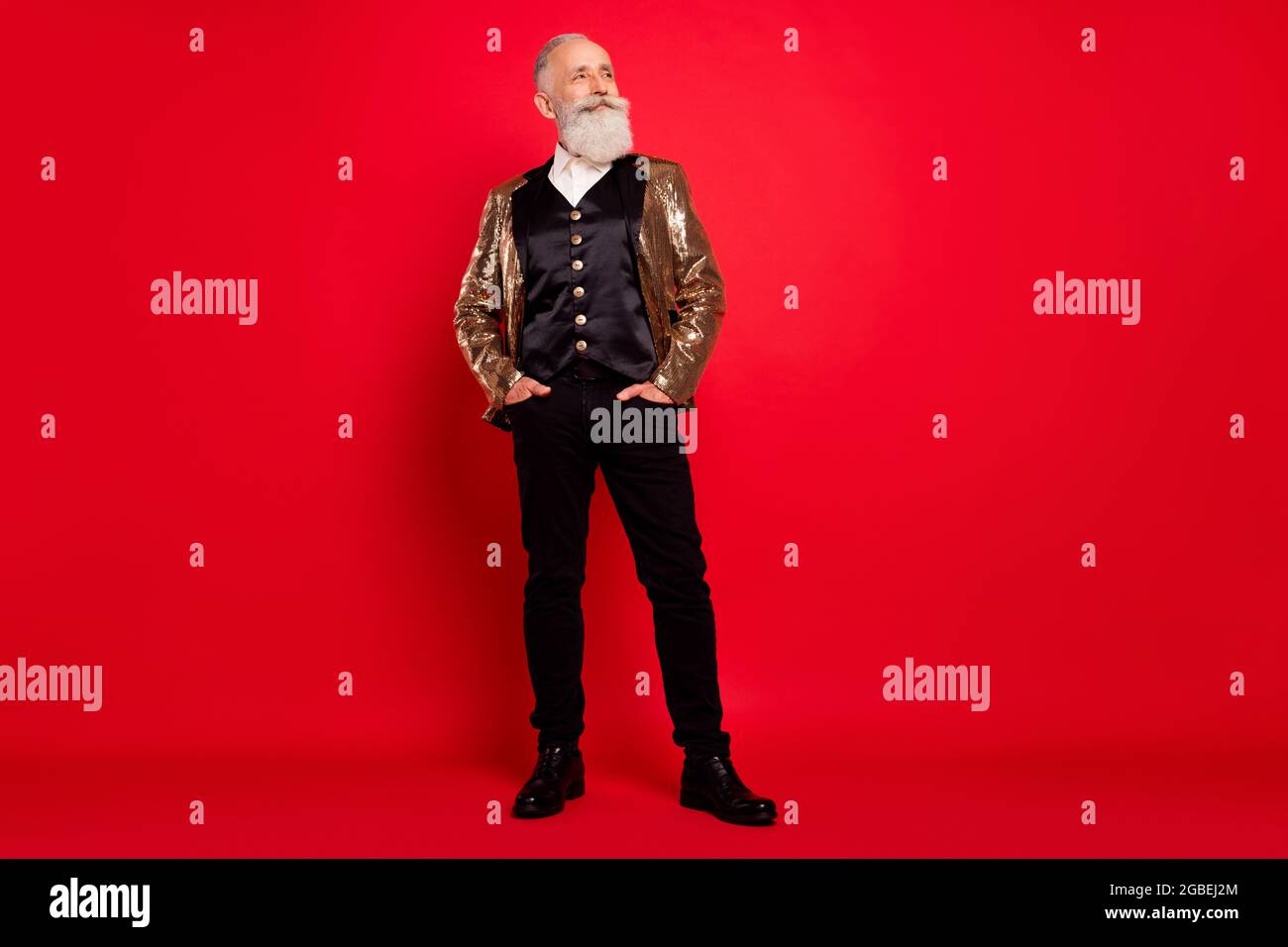 Full length body size view of attractive cheerful grey-haired man ...