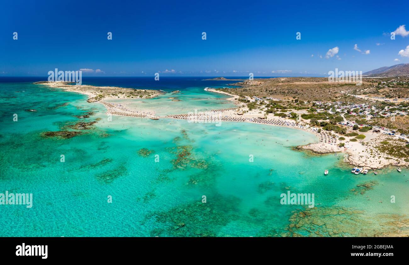 Aerial panoramic view of a narrow sandy beach and beautiful tropical ...