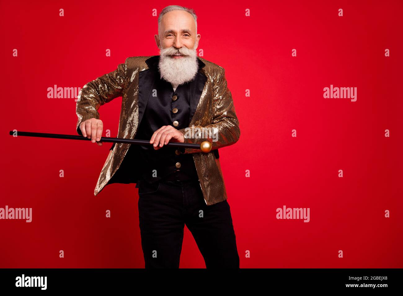 Portrait of attractive cheerful funky classy grey-haired man dancing ...