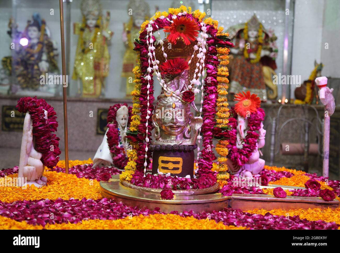 Beawar, India. 02nd Aug, 2021. A sculpture of Lord Shiva decorated with ...