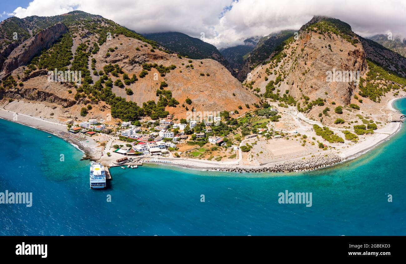 AGIA ROUMELI, CRETE, GREECE - JULY 20 2021: Aerial view of the village ...