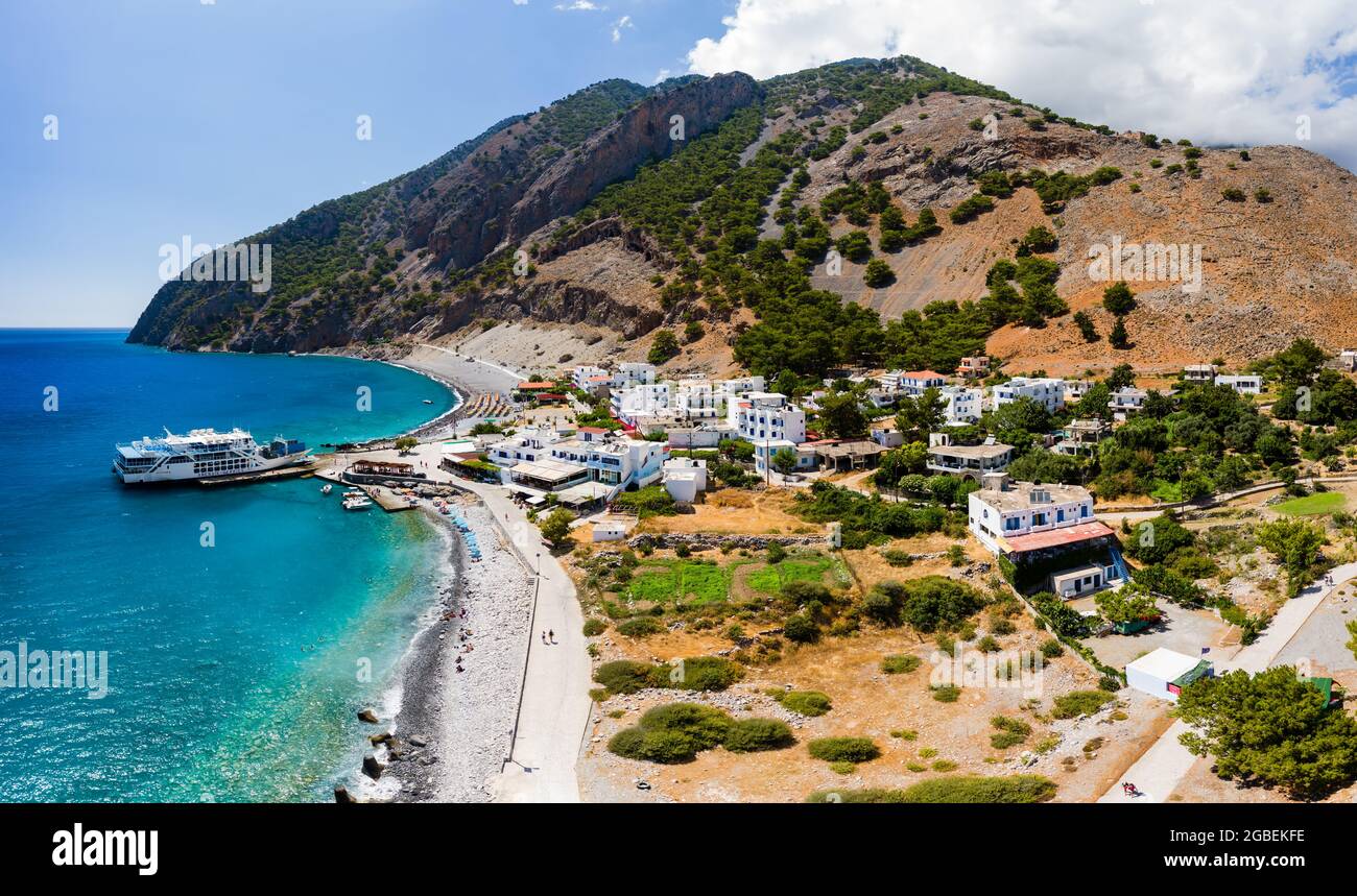 AGIA ROUMELI, CRETE, GREECE - JULY 20 2021: Aerial view of the village ...