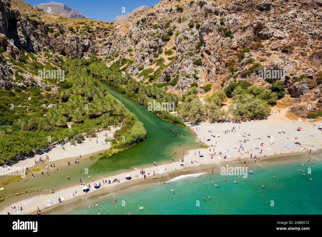 Aerial view of the famous Palm Forest and beach at the Cretan town of ...