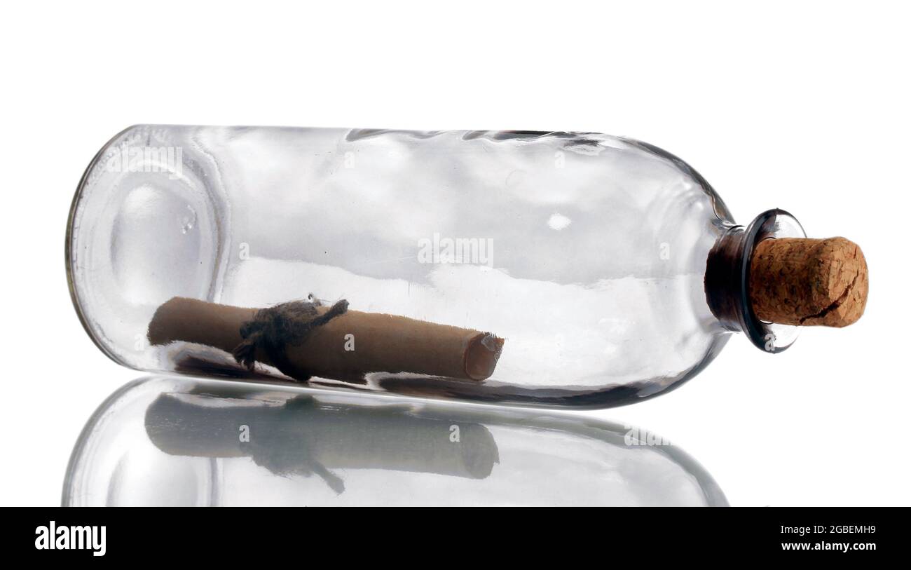 Glass bottle with note inside isolated on white Stock Photo - Alamy