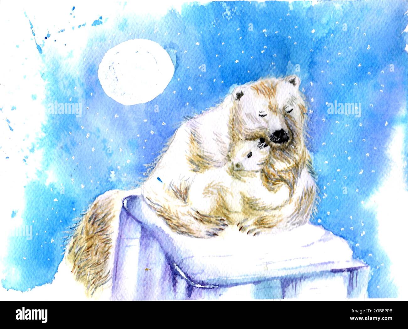 watercolot illustration of cute white polar bears - mother and child ...
