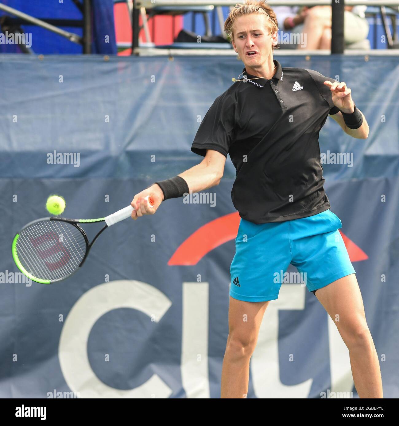 Washington, D.C, USA. 3rd Aug, 2021. SEB KORDA hits a forehand during ...
