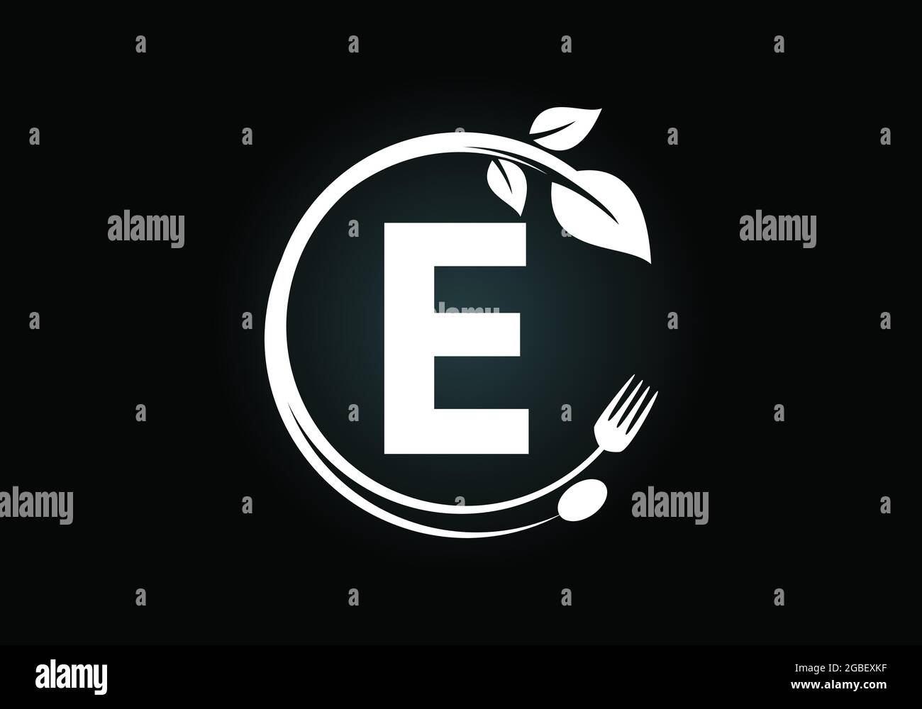 Initial E monogram alphabet with a fork, spoon, and leaf. Healthy ...