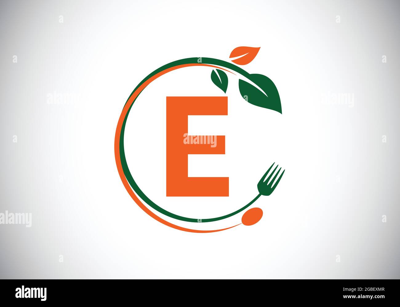 Initial E monogram alphabet with a fork, spoon, and leaf. Healthy ...