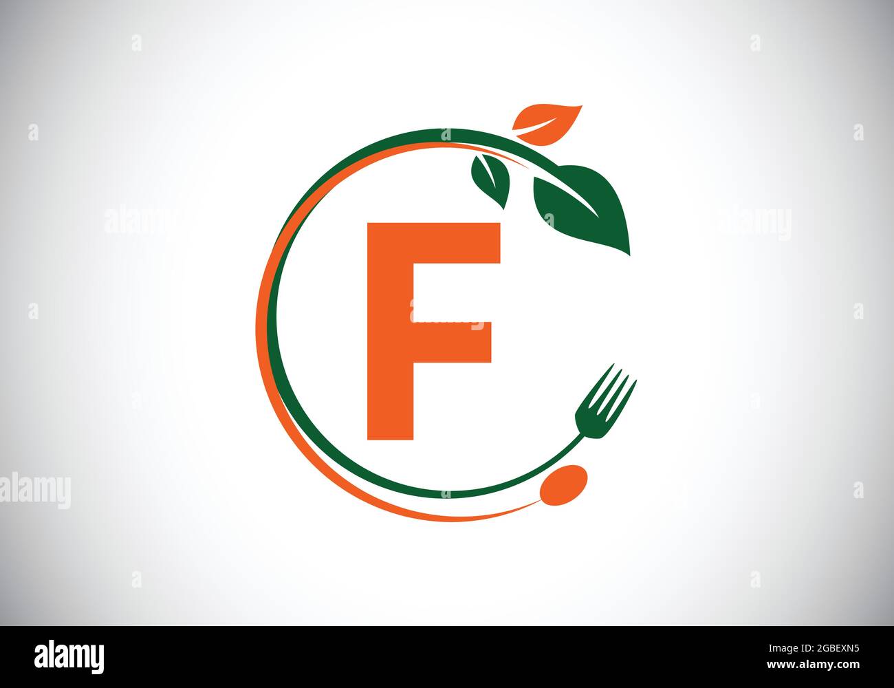 Initial F monogram alphabet with a fork, spoon, and leaf. Healthy ...