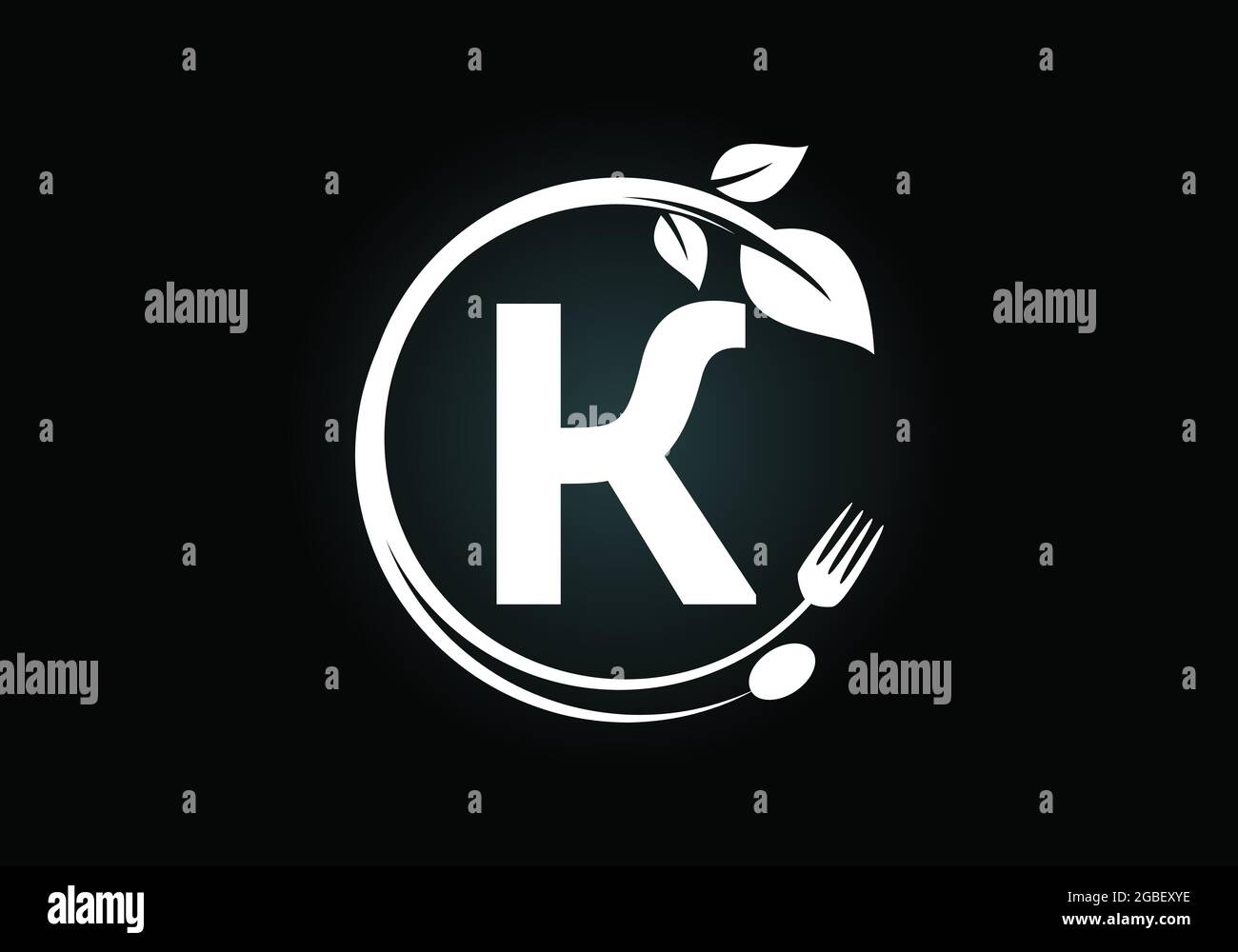Initial K monogram alphabet with a fork, spoon, and leaf. Healthy ...