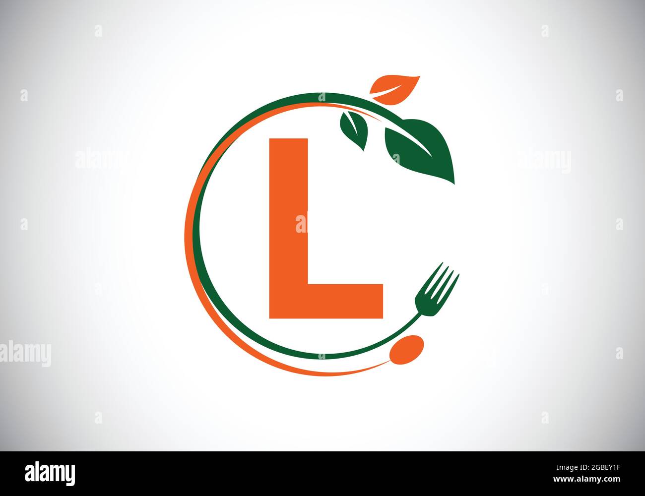 Initial L monogram alphabet with a fork, spoon, and leaf. Healthy ...