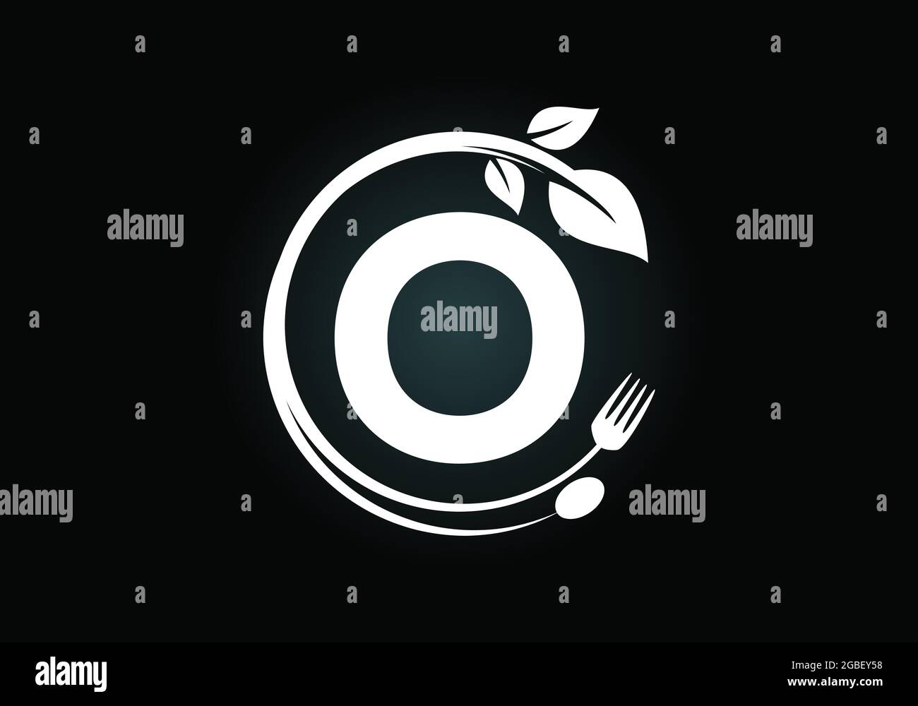 Initial O monogram alphabet with a fork, spoon, and leaf. Healthy ...