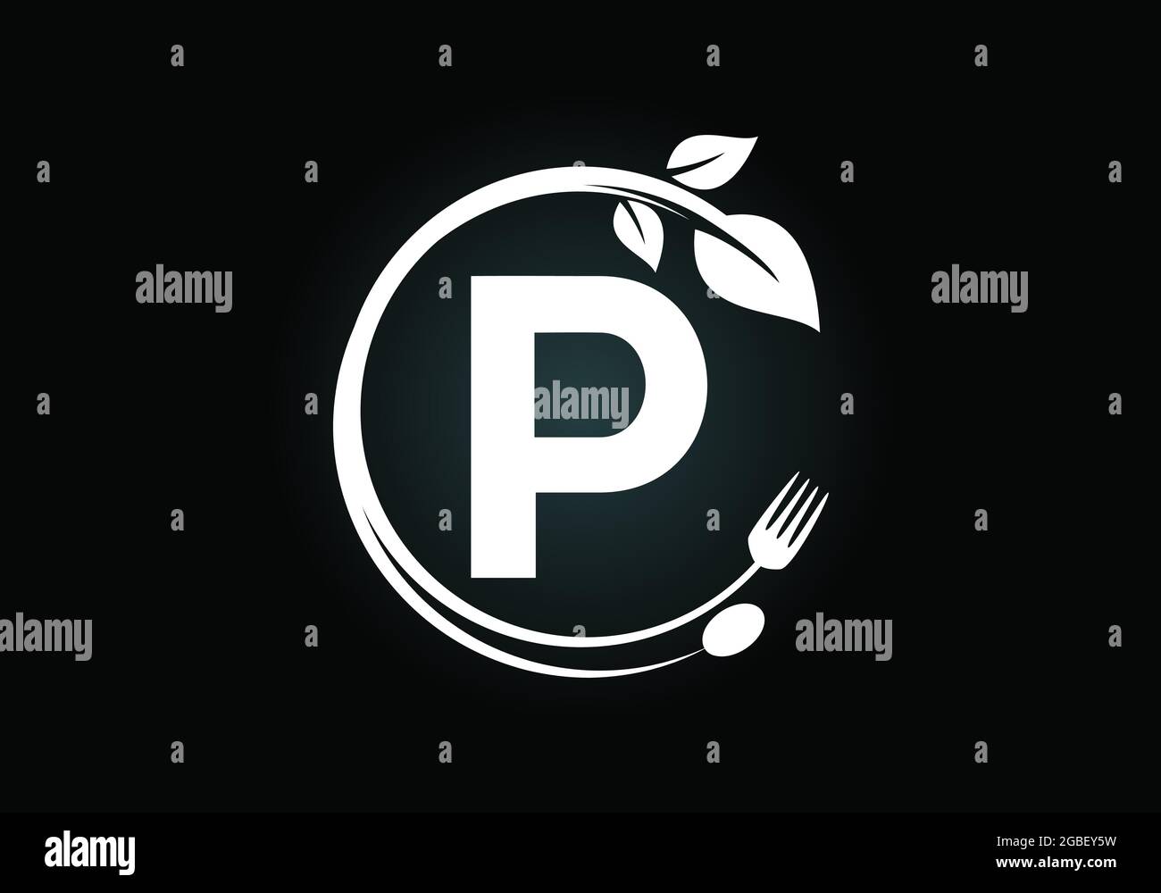 Initial P monogram alphabet with a fork, spoon, and leaf. Healthy ...