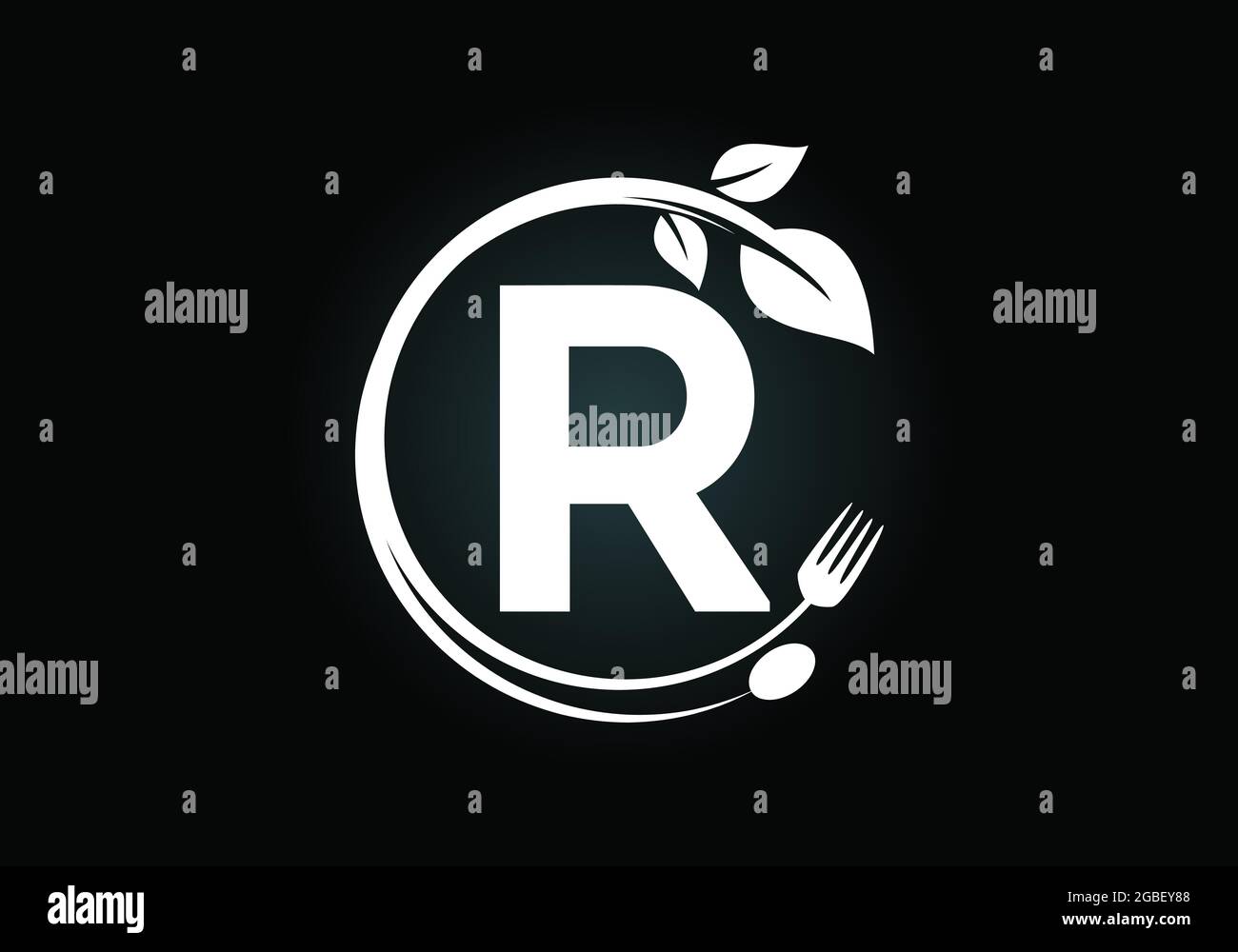 Initial R monogram alphabet with a fork, spoon, and leaf. Healthy ...