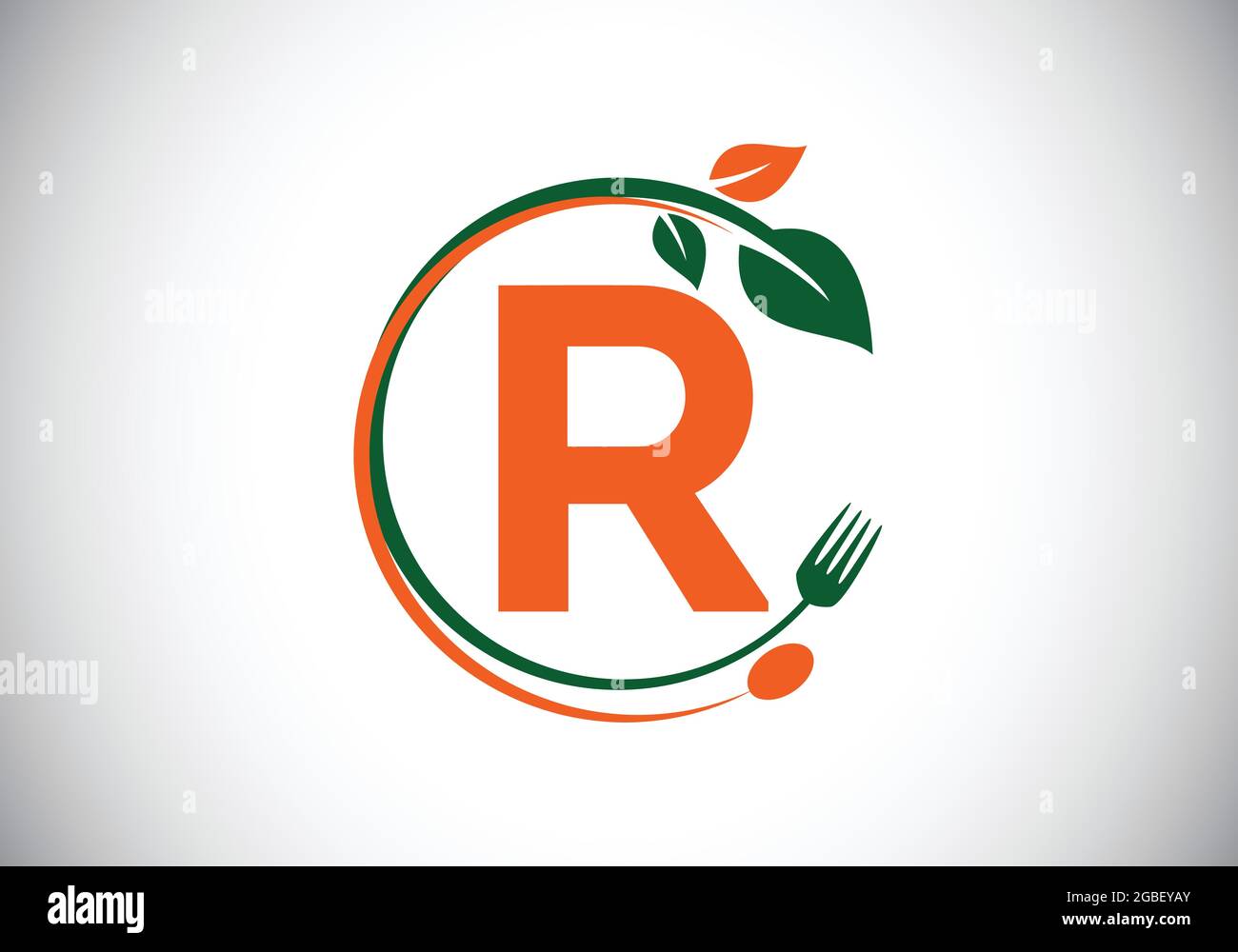 Initial R monogram alphabet with a fork, spoon, and leaf. Healthy ...