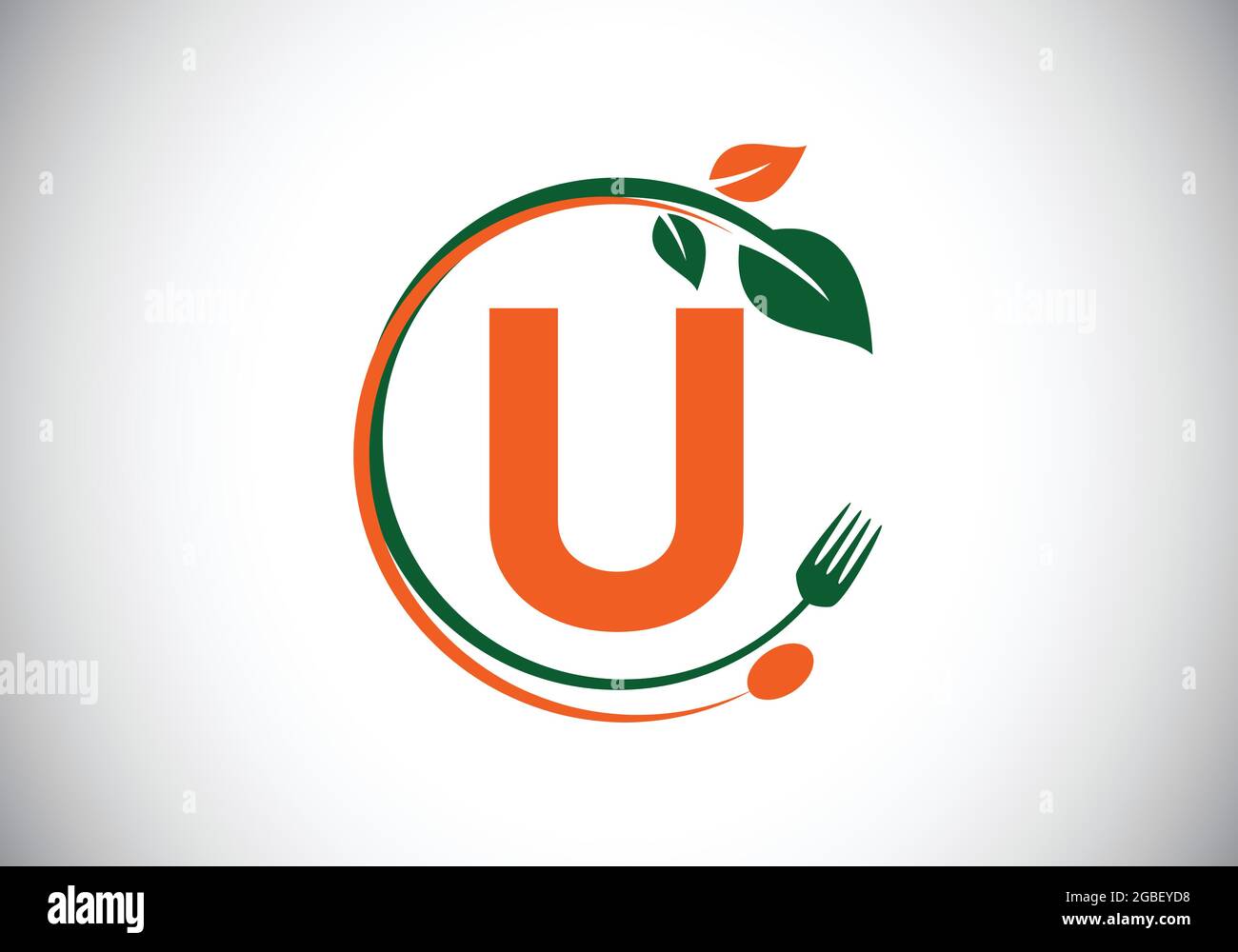 Initial U monogram alphabet with a fork, spoon, and leaf. Healthy ...