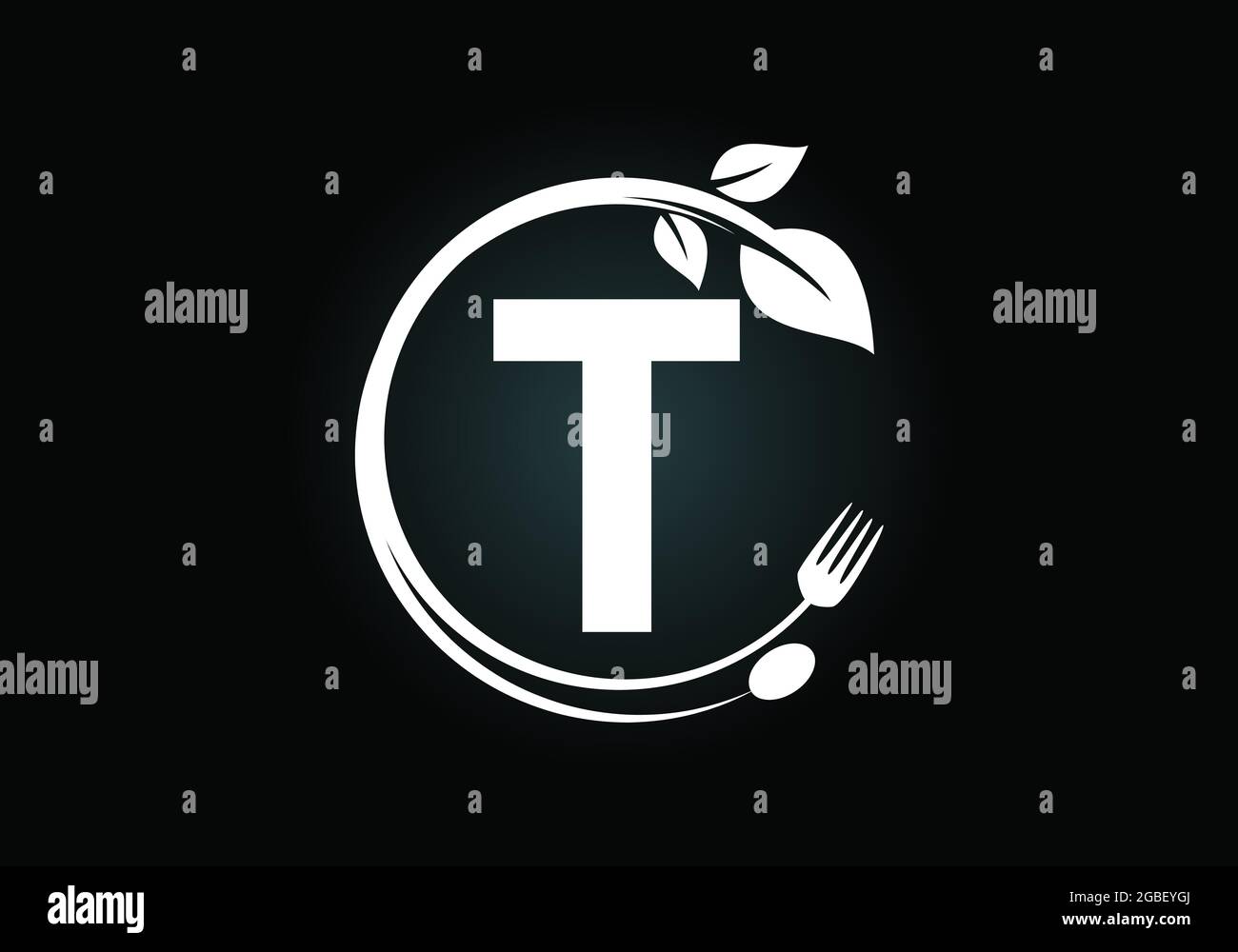 Initial T monogram alphabet with a fork, spoon, and leaf. Healthy ...