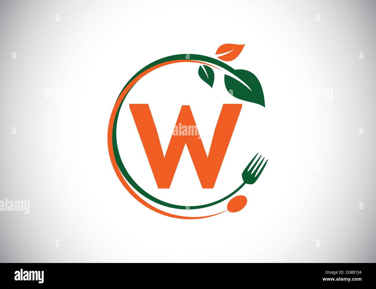 Initial W monogram alphabet with a fork, spoon, and leaf. Healthy ...
