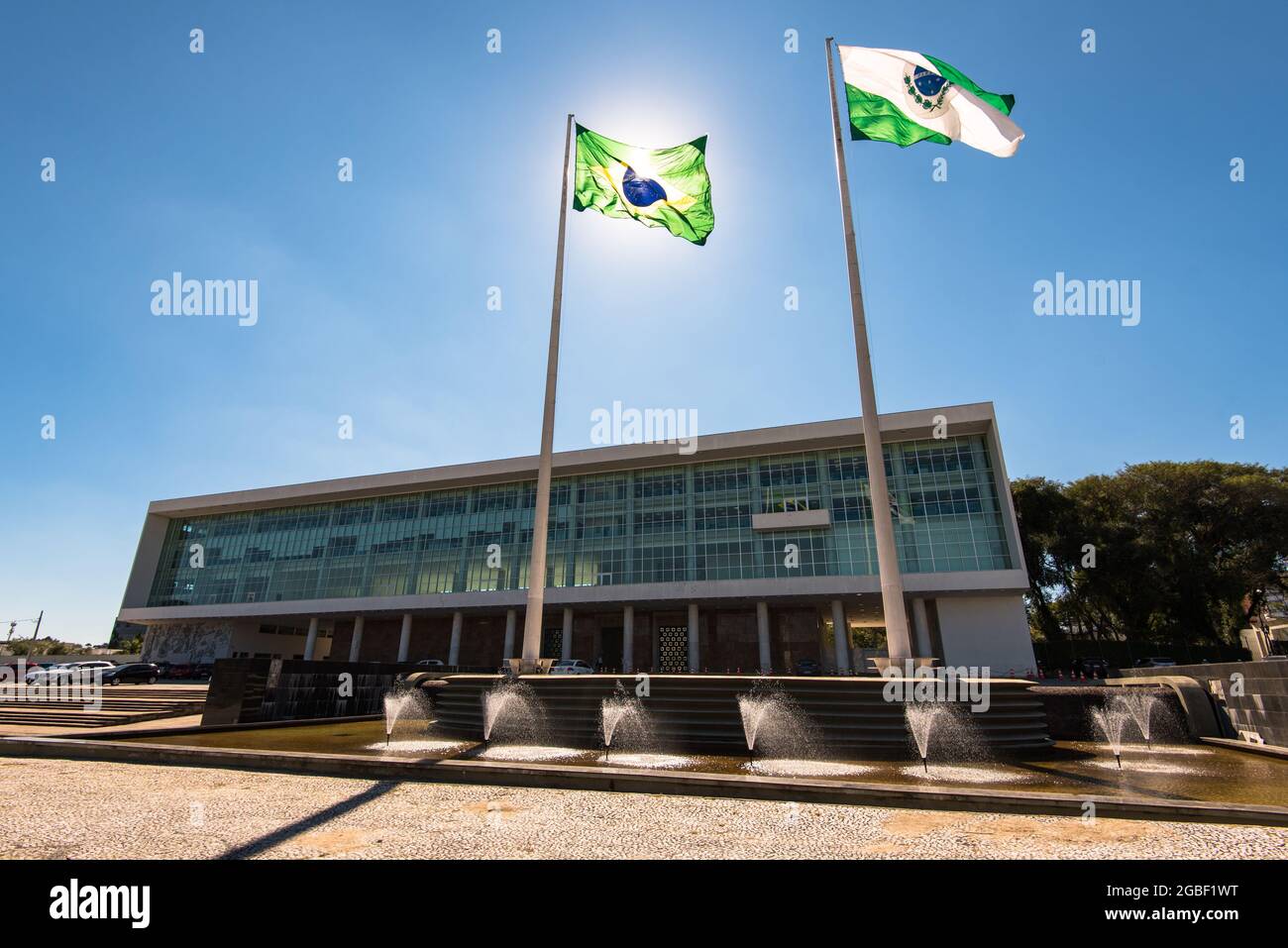 Government Building of Curitiba With Brazilian Flag Against the Sun ...
