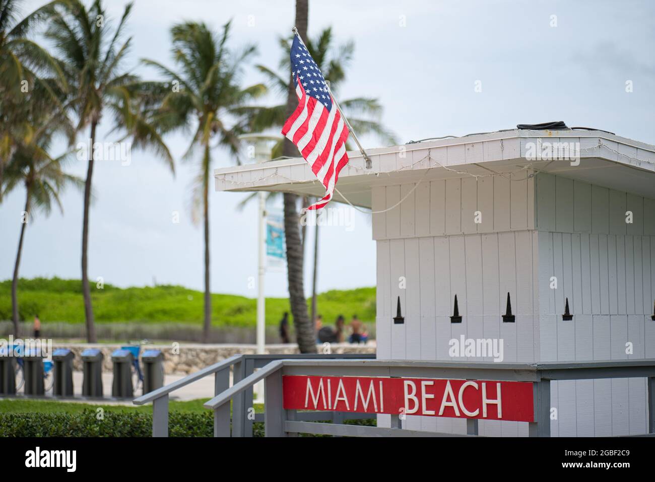 Shallow focus shot of Miami Beach white lifeguard rescue station with ...