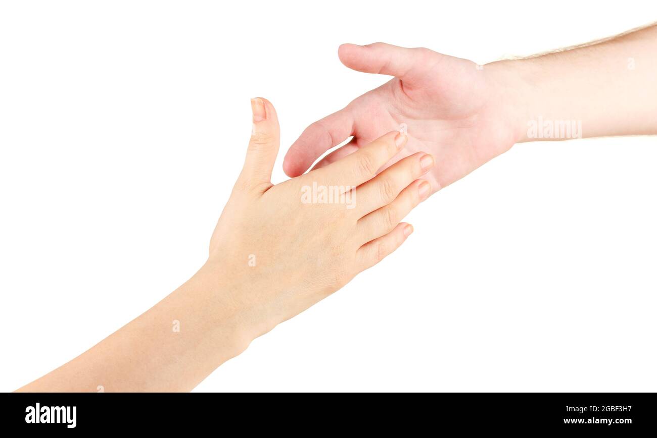 Women's hand goes to the man's hand on white background Stock Photo - Alamy