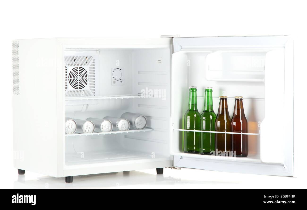 mini fridge full of bottles and cans of beer isolated on white Stock ...