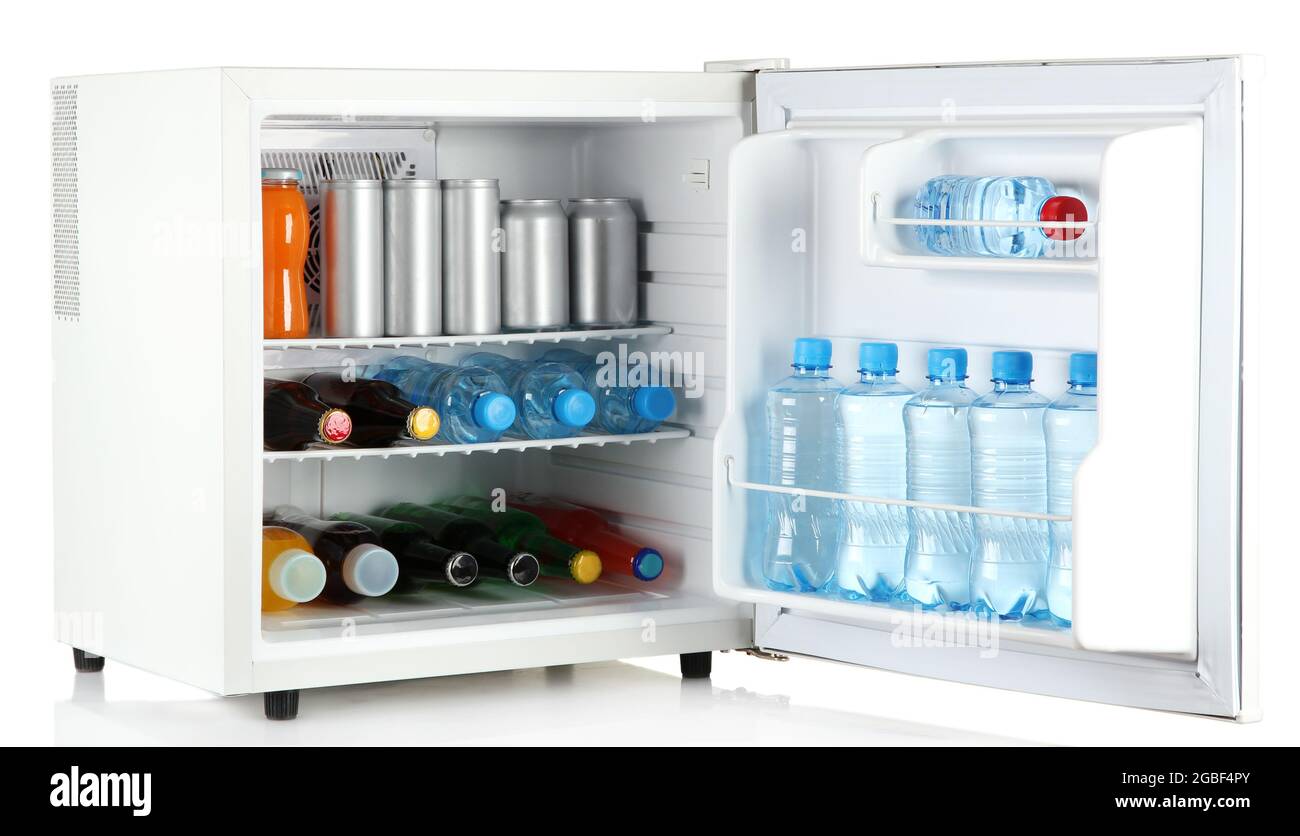 mini fridge full of bottles and jars with various drinks isolated on ...