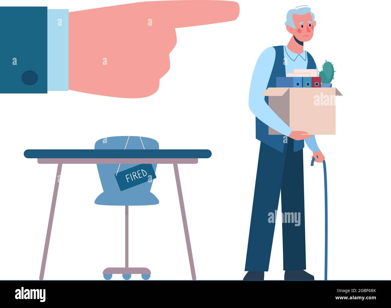 Retirement. Fired old person leaves the office with a box in his hands ...