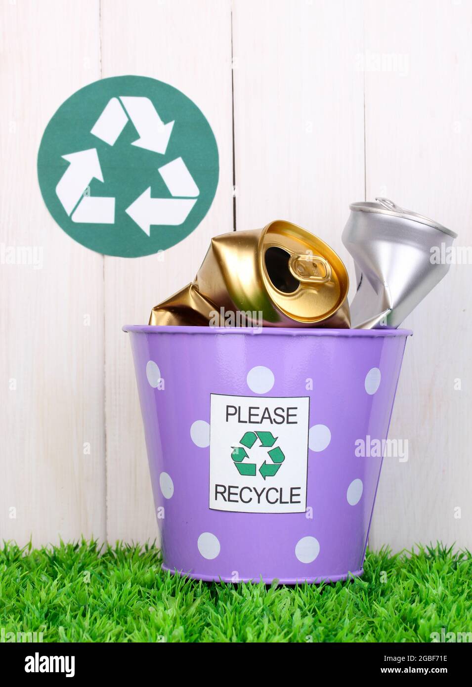 Recycling bin on green grass near wooden fence Stock Photo - Alamy