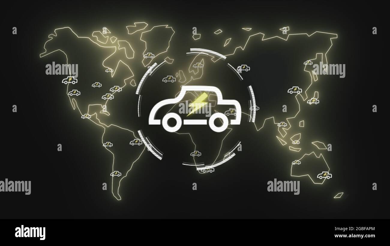 Illustration of electrical car icons on the world map against a dark ...