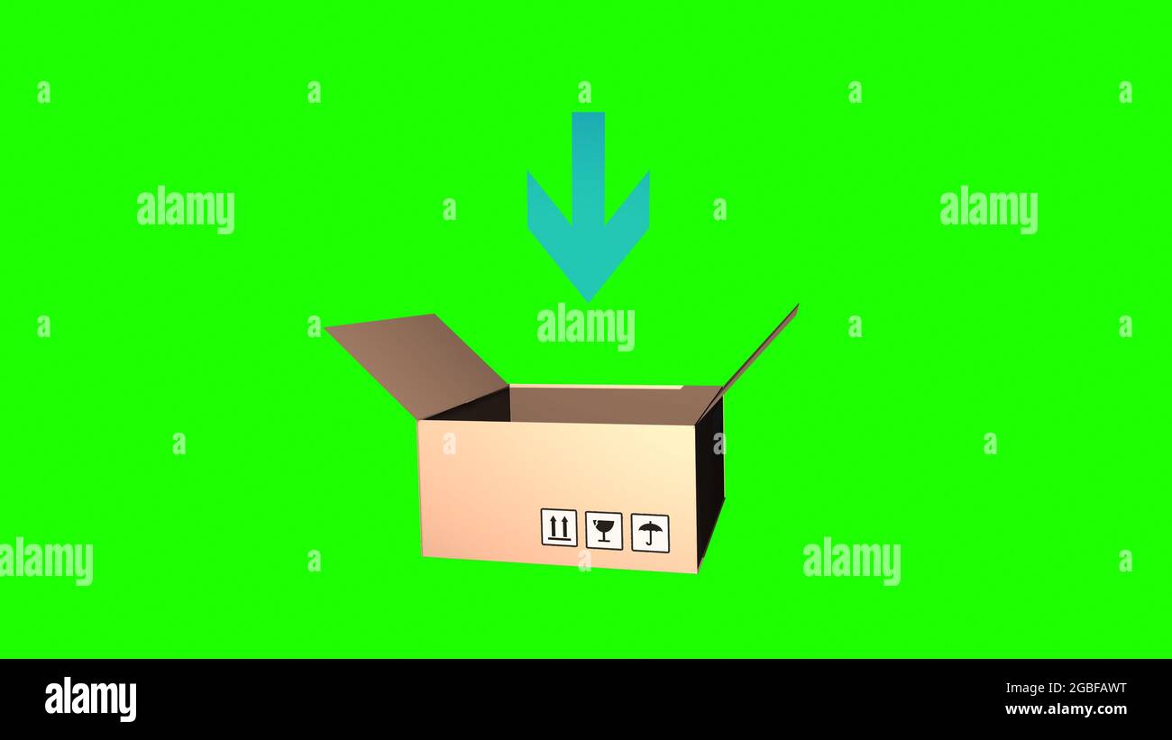 Arrow pointing to an open cardboard delivery package isolated on a ...
