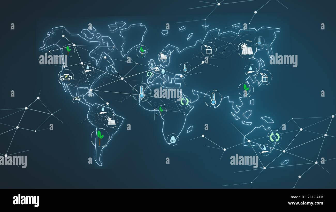 Illustration of the world map with environmental icons on a blue ...