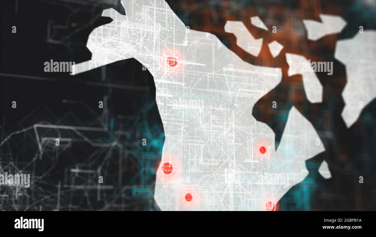 3D rendering of the map of the USA with red dots marking internet ...