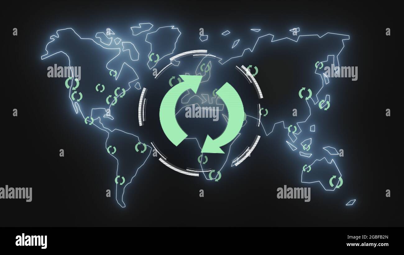 Illustration of recycling symbols on the world map against a dark ...