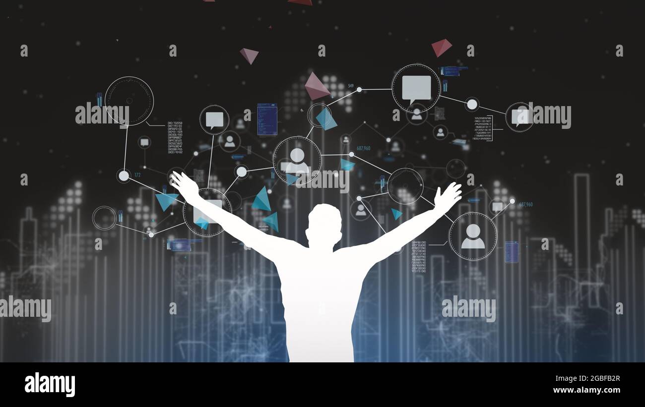 3D rendering of a human figure standing in front of digital icons and ...