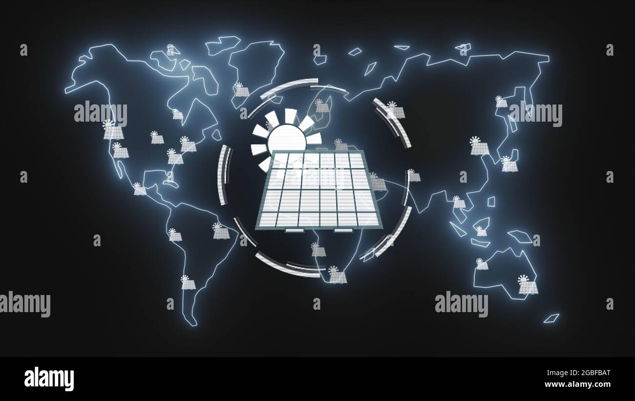 Illustration of a solar panel against the world map on a dark ...