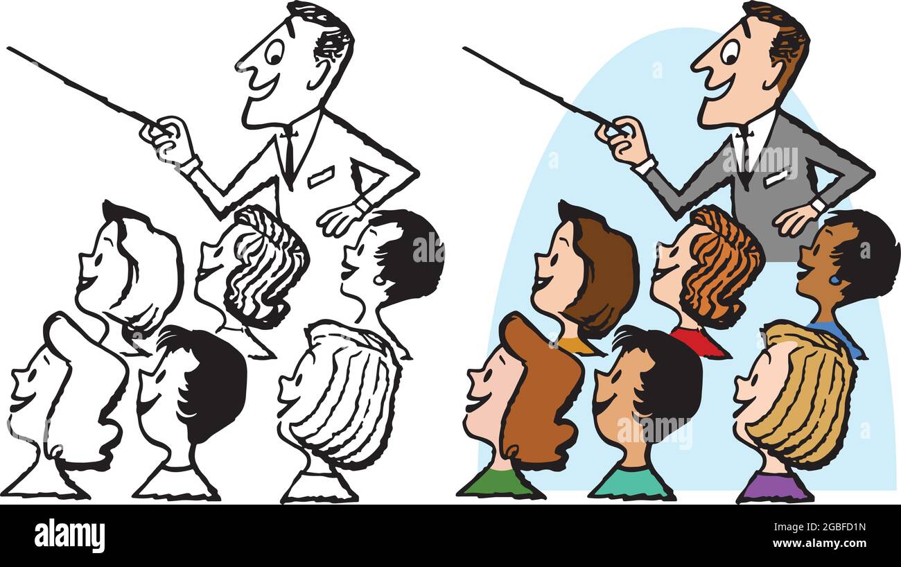 A vintage retro cartoon of a businessman giving a presentation to a ...